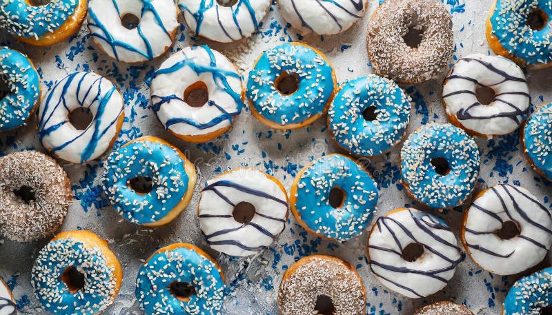 Blue and White Donuts Pattern. Top View of Assorted Glazed Doughnuts ...