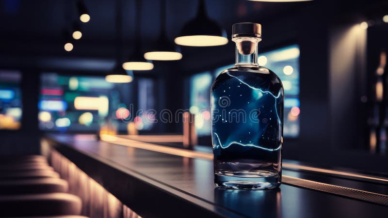 A Bottle of Alcohol Sitting on a Bar Counter with Lights, AI Stock ...