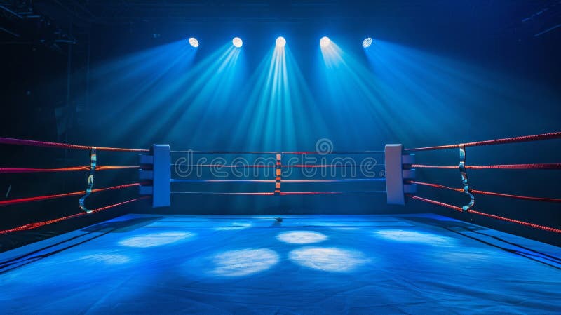 Boxing Ring Stands Empty, Bathed in the Blue Glow of Spotlights, Ready ...