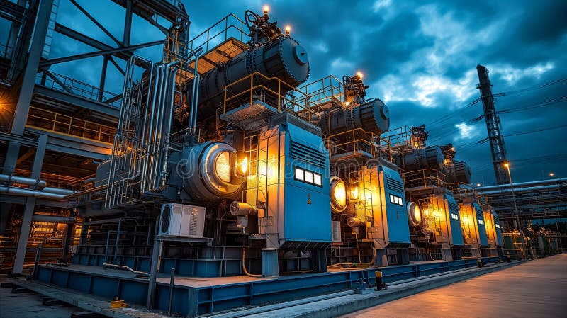 Industrial Power Generators Illuminated at Dusk in a Facility ...