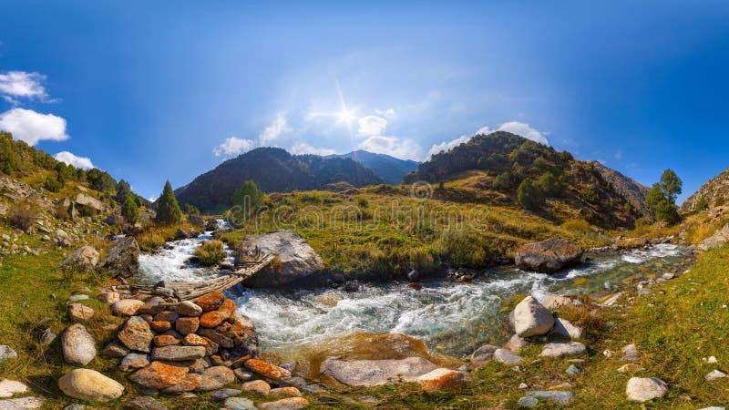 Wide Panoramic View of a Mountain Valley with Two Converging Streams ...