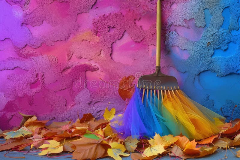 Generated Image of a Broom and Autumn Leaves on a Colorful Background ...