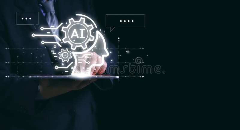 Businessman Hand Holding Tablet with with AI or Artificial Intelligence ...