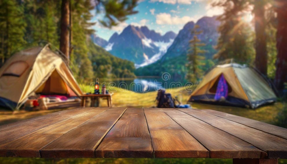 Camping Tabletop with Empty Table - a Scene Featuring a Tabletop with Tents on the Background ...