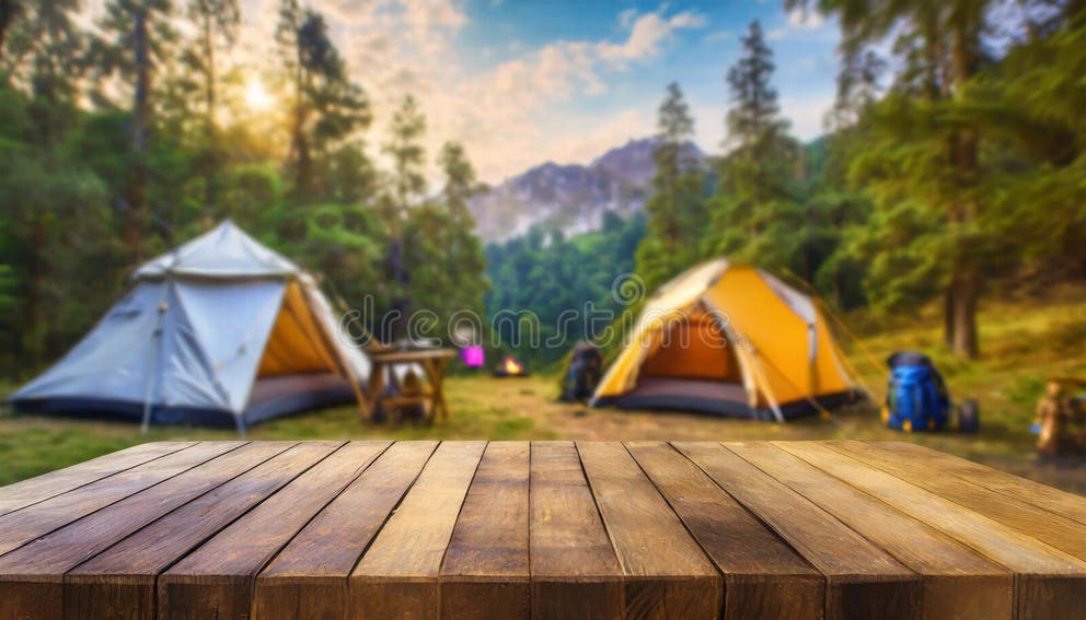 Camping Tabletop with Empty Table - a Scene Featuring a Tabletop with White and Yellow Tents on ...