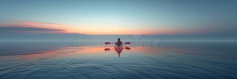 Canoe Floating on Calm Sea Under Beautiful Sunset Sky Banner. Panoramic Web Header Stock Photo ...