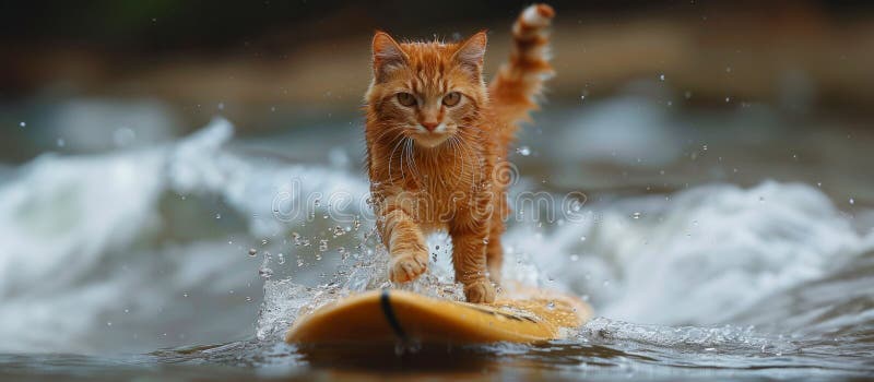 The Cat is Riding a Wave. Surfing. a Horizontal Panorama. Stock Photo ...