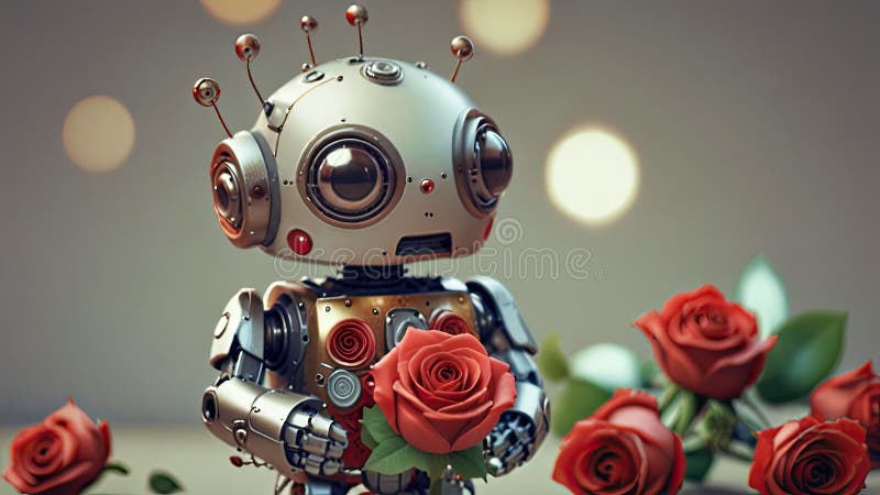 Cute Robot Holding a Red Rose for Valentine S Day Stock Photo - Image ...