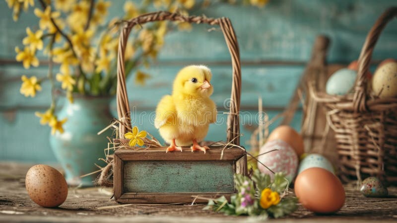 Vintage Happy Easter Card with Chick and Basket Stock Image - Image of ...