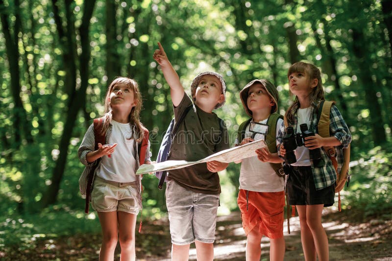 Checking Way Map Kids Forest Summer Daytime Together Stock Photos ...