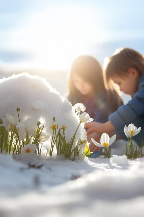 Children Building Igloo on Grass and Spring Flowers. Stock Illustration ...