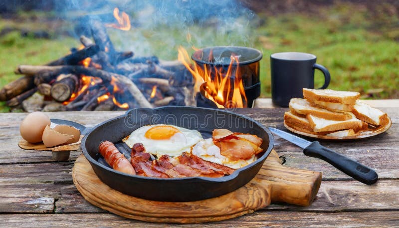 Classic Campfire Breakfast- Camping Outdoor Scene Featuring a Classic ...