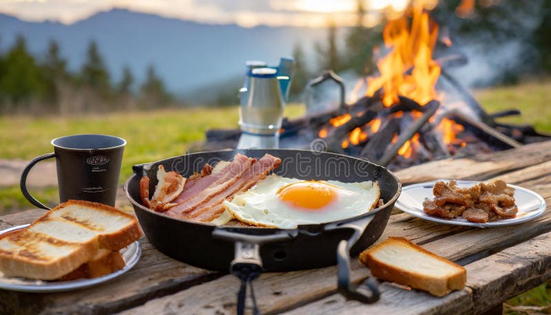 Classic Campfire Breakfast- Camping Outdoor Scene Featuring a Classic ...
