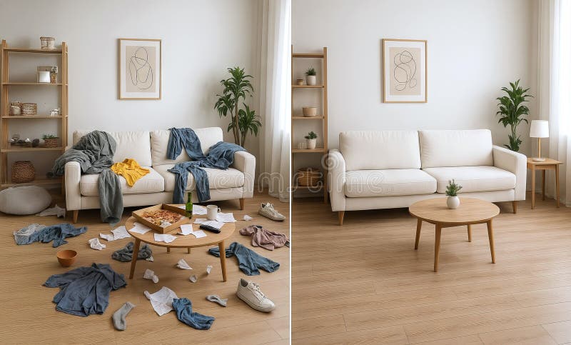 Before and after Cleaning Living Room Transformation with Sofa and ...