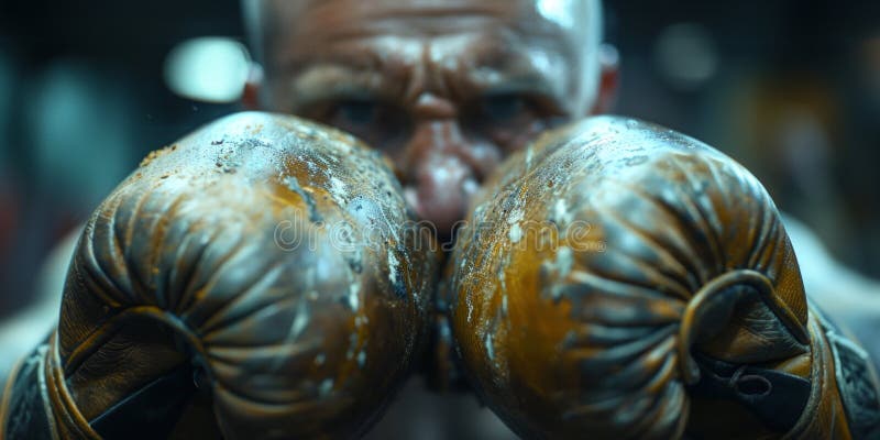 Close-up of a Boxer S Face, Obscured by Worn Leather Gloves, His Eyes ...