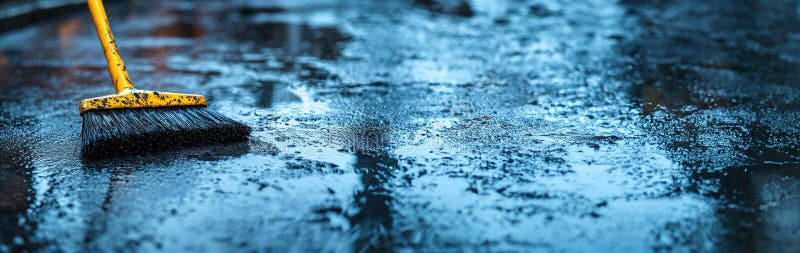 Close Up Broom Cleaning Wet Pavement Surface Outdoors Emphasizing ...