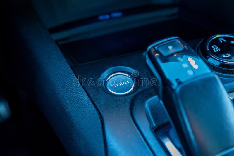 Close-up of a Car Start Engine Button and Central Console with Gear ...