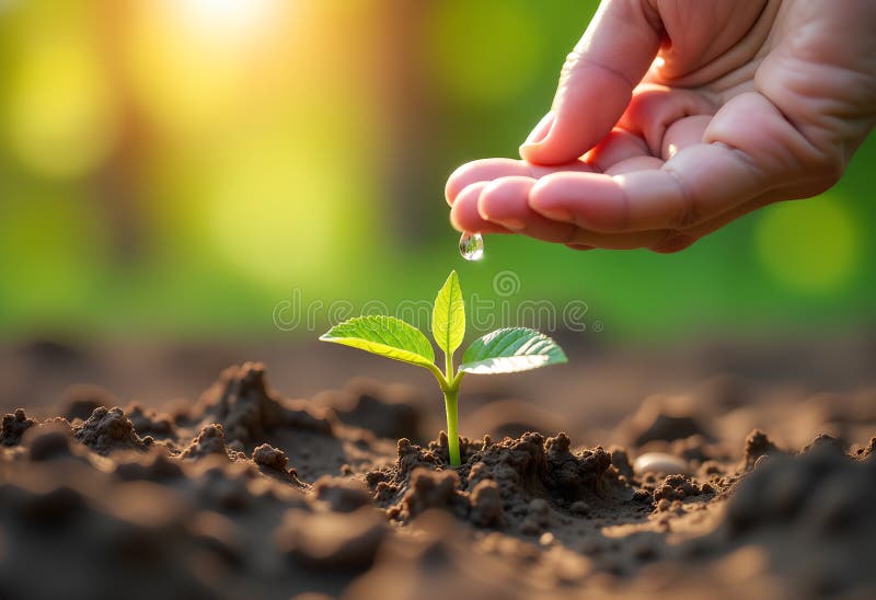Hand Watering a Small Sapling with Droplet in Warm Light Stock Image ...
