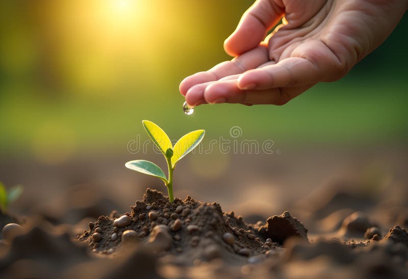 Hand Watering a Small Sapling with Droplet in Warm Light Stock Photo ...