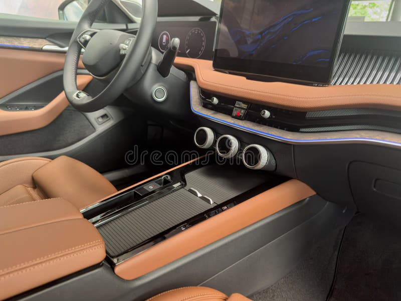 Close Up Inside View of Luxury Car. Inrerier Modern Auto Stock Photo ...