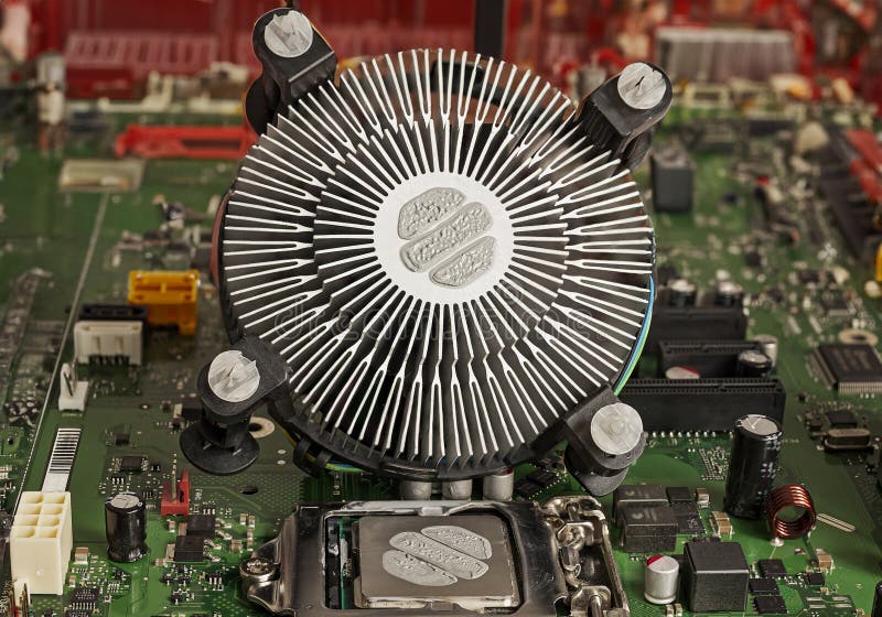 Close-up View of a CPU Heatsink Resting on the Motherboard. Stock ...