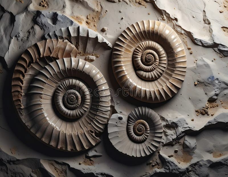 Generated Image.a Close-up View of Various Ammonite Fossils on a Dark ...