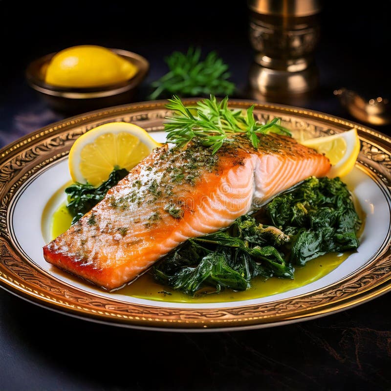 .Cod and Salmon Fillet with Rice and Spinach Garnish. Fish Steak Stock ...