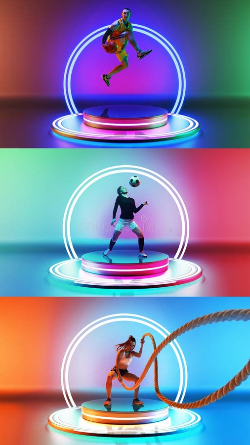 Collage Made of Three Athletes, Man and Women Training on Podium with ...