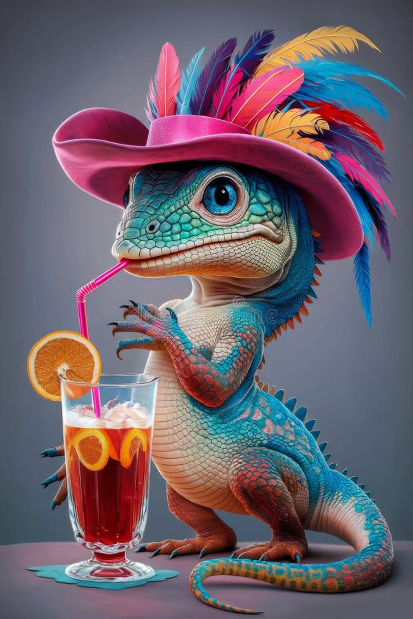 Colorful Lizard in Pink Cowboy Hat Drinking Cocktail with Straw and ...