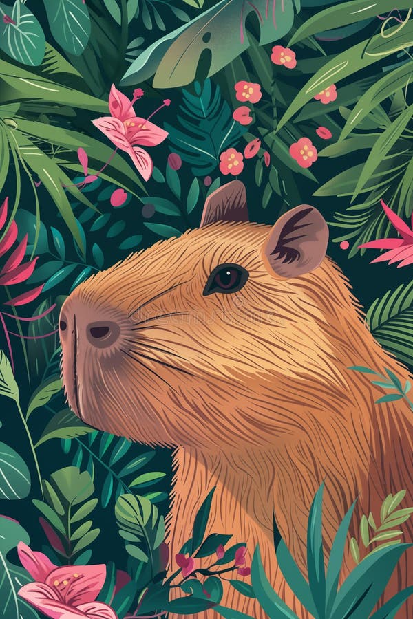 Colorful Poster, Placard with Capybara in a Tropical Forest. Stock ...