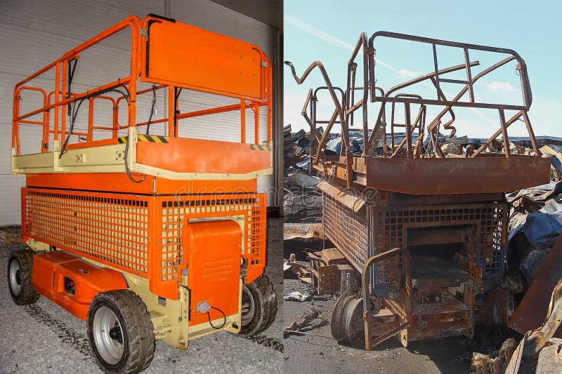 Collage of Scissor Lift before and after Fire Damage on a Construction ...