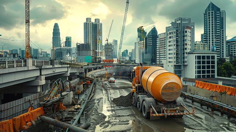 Construction Scene with Large Concrete Mixer Truck in Urban Setting ...