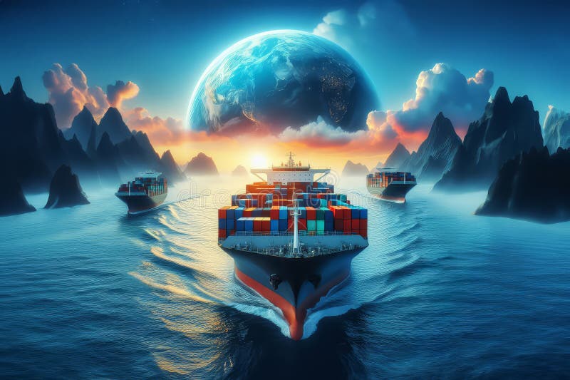 A Container Ship on the Open Ocean Carries Cargo in Large Iron Boxes ...