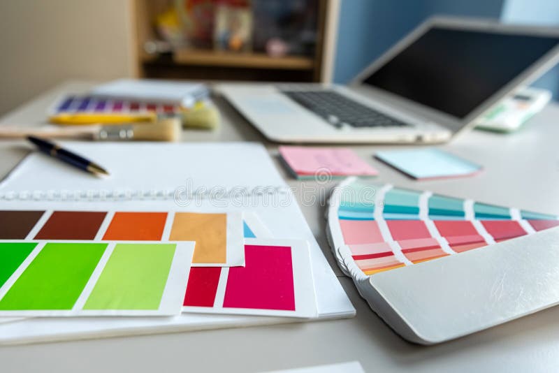 Creative Workplace Color Palette with Notepad, Brush. Modern Graphic ...