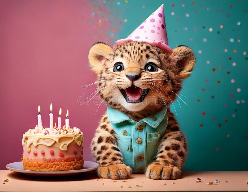 A Cuddly Toy, Leopard, with a Birthday Cake Celebrates at a Party ...