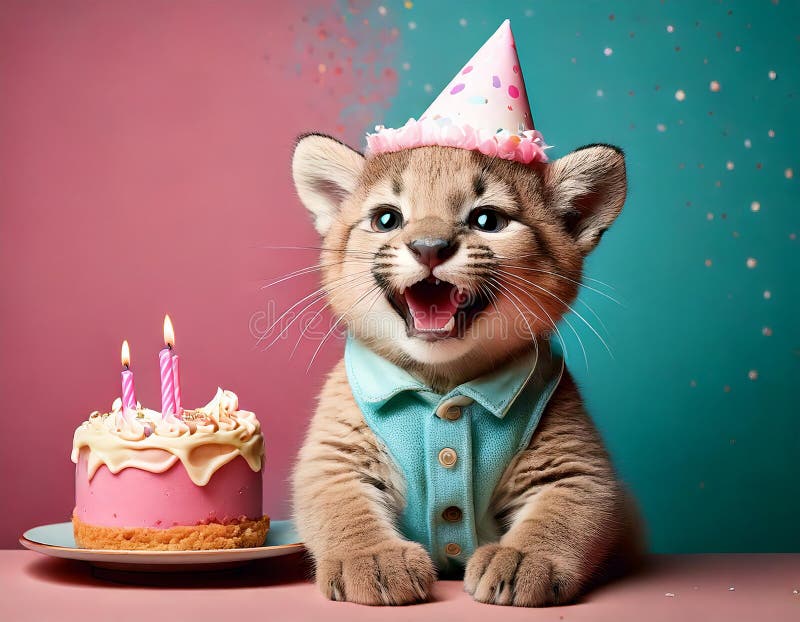 A Cuddly Toy, Puma, with a Birthday Cake Celebrates at a Party. Stock ...