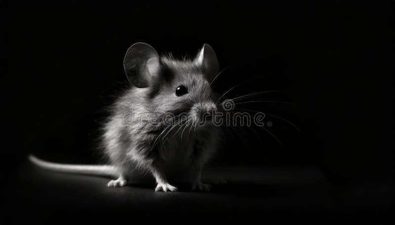 Cute Black Fluffy Mouse. Key Lighting on a Black Background Stock ...