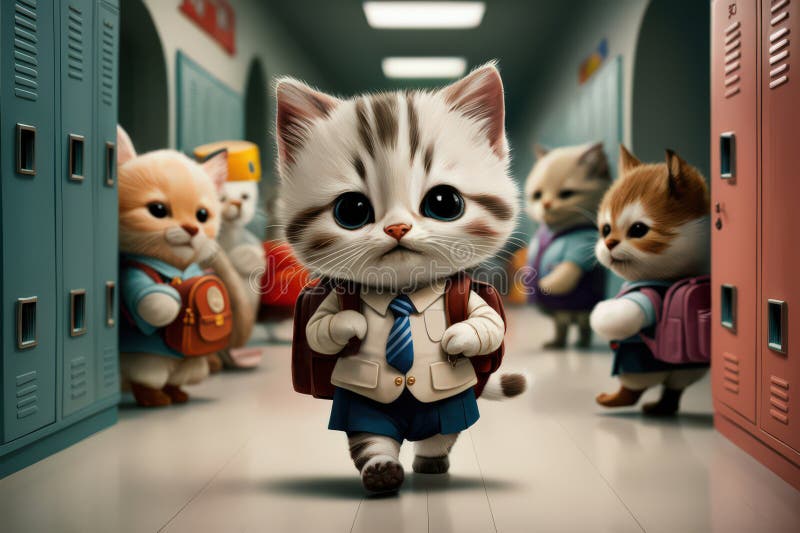 Cute Kittens Dressed in School Uniforms Walking through Hallway with ...