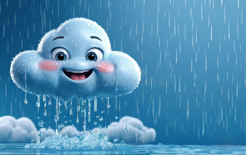 3D Cloud Smiling and Raining on a Blue Background. Stock Illustration ...