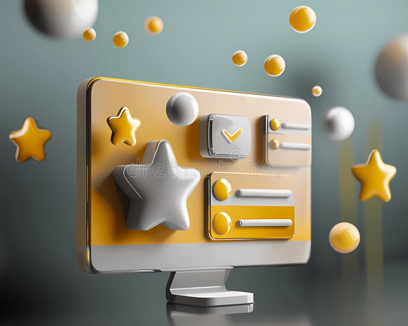 Gold and Grey Computer Monitor with Stars, Speech Bubbles and Balls ...