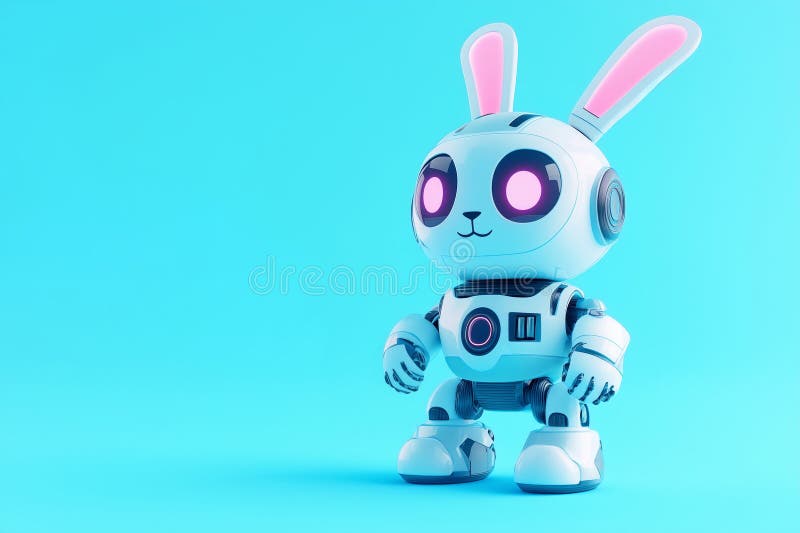 3D Robot with Bunny Ears and Glowing Eyes on a Vibrant Blue Background ...