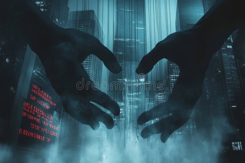 Dark Dystopian City with Giant Hands Controlling People Stock Photo ...