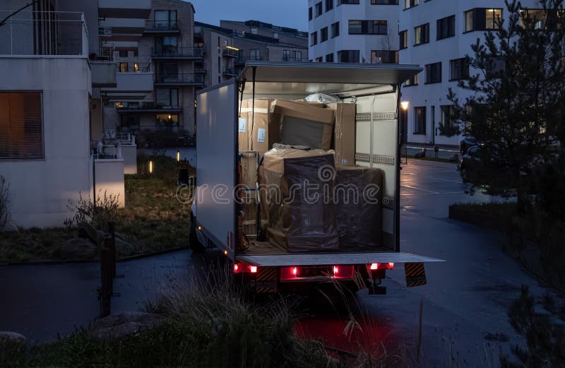 Delivery Truck at Night with Tailgate Loader Open in Front of a ...