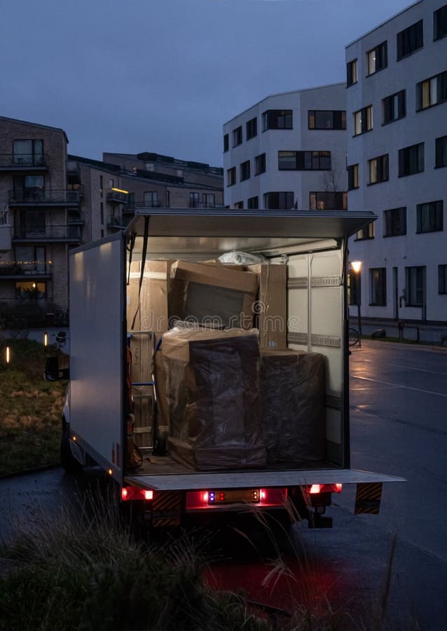 Delivery Truck at Night with Tailgate Loader Open in Front of a ...