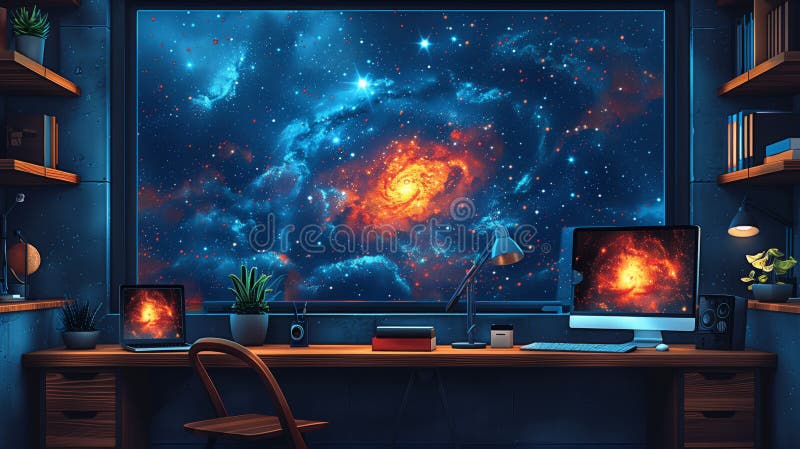 Nighttime Desk with Window View of a Starry Sky Stock Image - Image of ...
