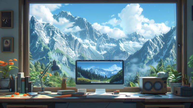 Desk with Mountain View and Computer Screen Showing Similar Scenery ...