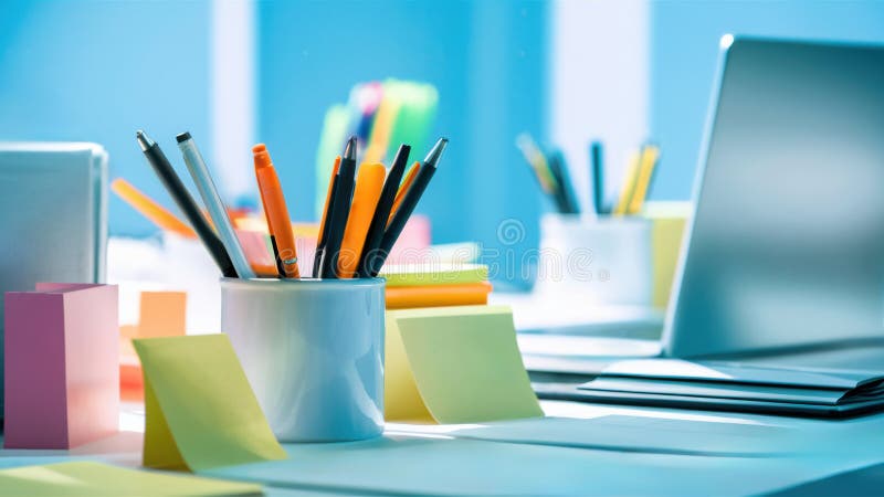 A Desk with a Laptop, Pencils and Post it Notes, AI Stock Image - Image ...