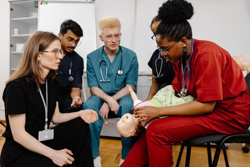 Diverse Group of Medical Students Learning Infant Care on a Medical ...