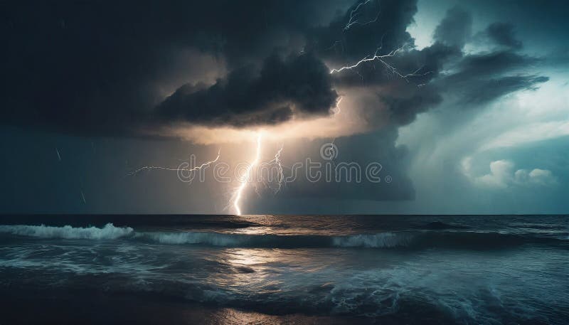Dramatic Sky, Sea Storm with Thunderstorm Lightning Strike at Night ...