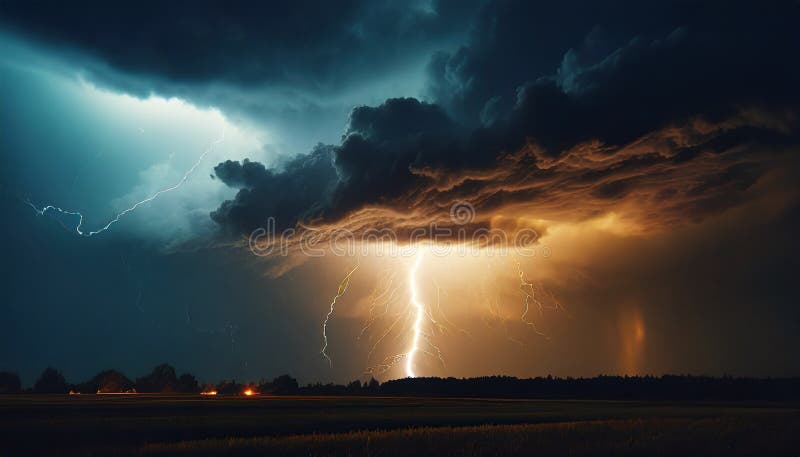 Dramatic Sky Thunderstorm Lightning Strike at Night. Terrifying Weather ...